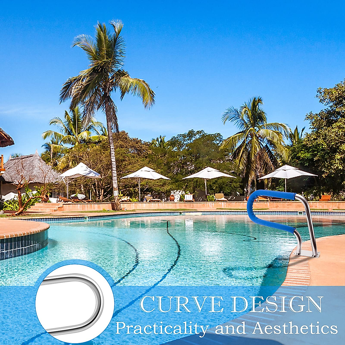 Pool Rail 32x23 Pool Railing for Inground Pool 304 Stainless Steel Pool Handrail Rustproof Pool Safety Handrails, Swimming Pool Stair Rail with Blue Grip Cover & Anchors Screws