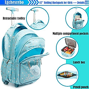 Egchescebo Kids Love Heart Rolling Backpack for Girls Suitcases Trolley Backpacks with Wheels Roller Luggage on Wheels with Lunch Box Pencil Case for Elementary Travel School Bag Blue