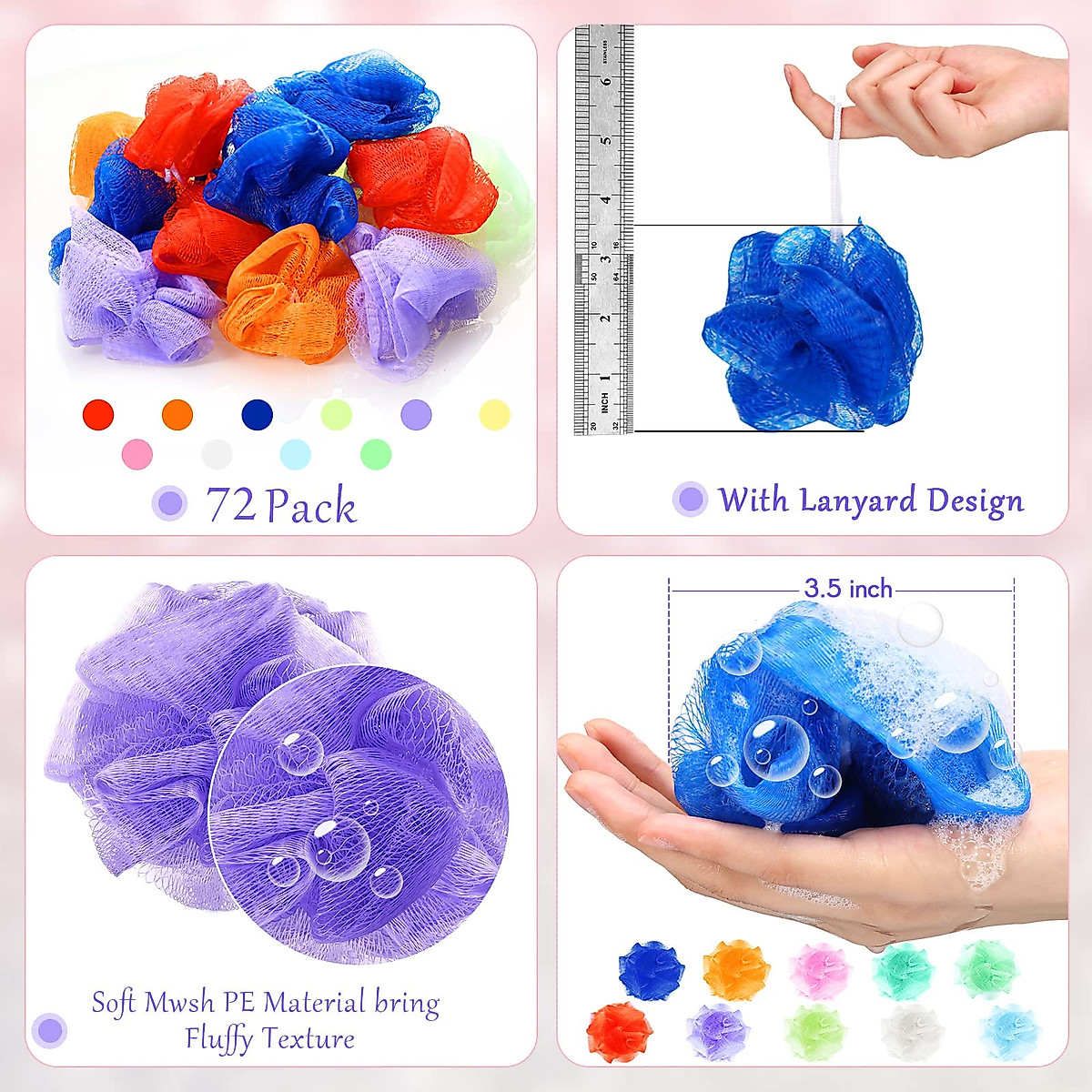 72 Pack Bath Loofah Bulk Sponge Mesh Shower Ball Mini Loofah Travel Size Body Scrubber Exfoliator Shower Bath Pouf Assorted Colors for Kids Women Men Wash Bathroom