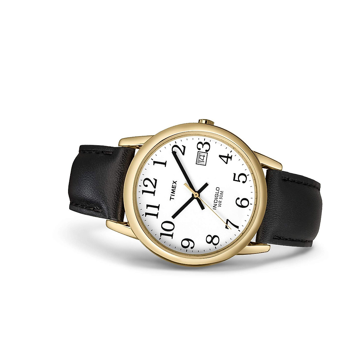 Timex Men's Easy Reader 35mm Watch – Gold-Tone Case White Dial with Black Leather Strap
