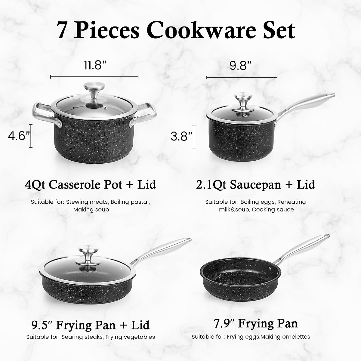 Aufranc 7pcs Nonstick Pots and Pans Set, Stainless Steel Non Stick Cookware Set, Kitchen Induction Cooking Pot and Pan Set Compatible with All Cooktops, Oven & Dishwasher Safe, Non-Toxic (Black)