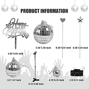 23PCS Disco Ball Cake Toppers 70's Disco Theme Cake Decoration Set with DJ Bling Silver Mirror Balls Centerpiece and Mini Microphone Radio Toy Decor for Women Men 1970s Dance Birthday Party Supplies