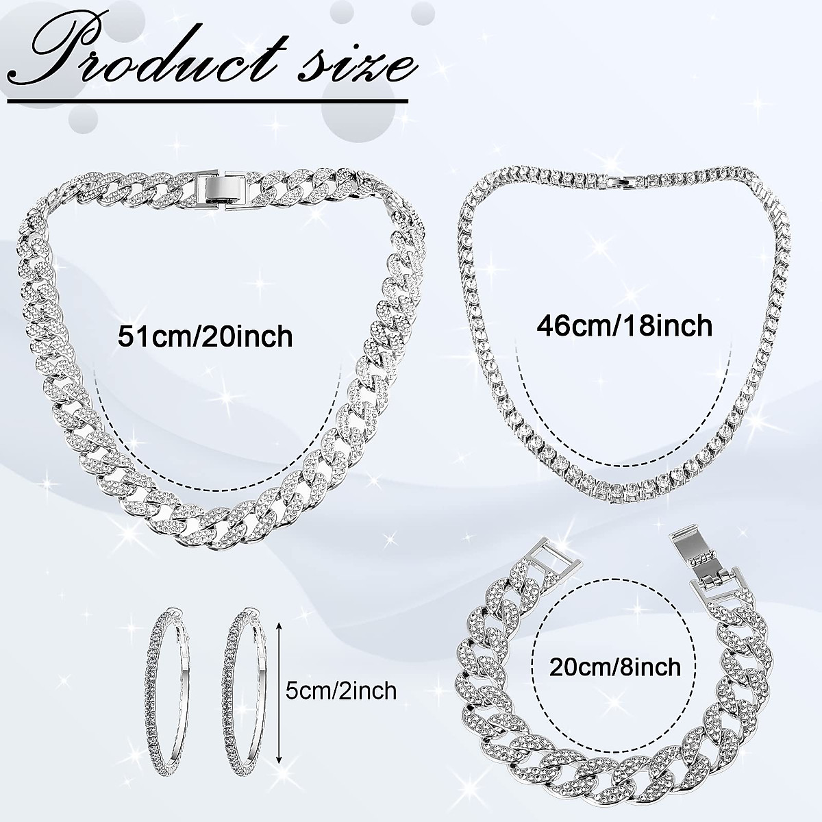 5 Pcs Hip Hop Jewelry Set with Miami Link Chain Necklace Bracelet Bling Crystal Diamond Watch Rhinestone Earrings (Silver, Women)