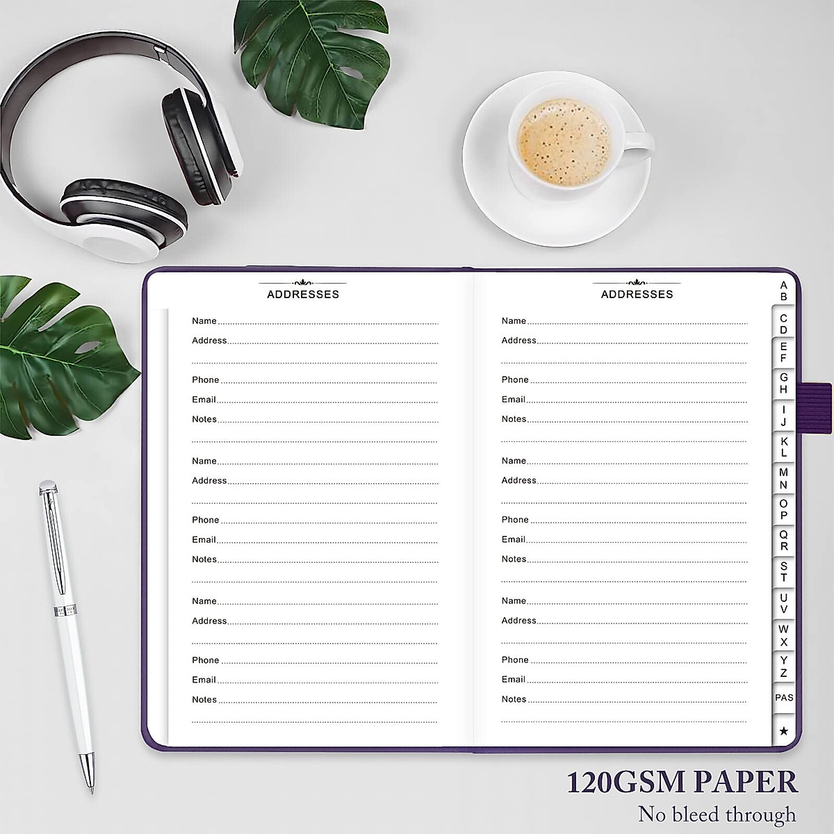 DRAPHY Address Book with Alphabetical Tabs, Elegant PU Leather Telephone Book, Hardcover Address Organizer and Password Keeper - Record Contacts, Anniversaries, Birthdays 5.2x7.7" (Purple)