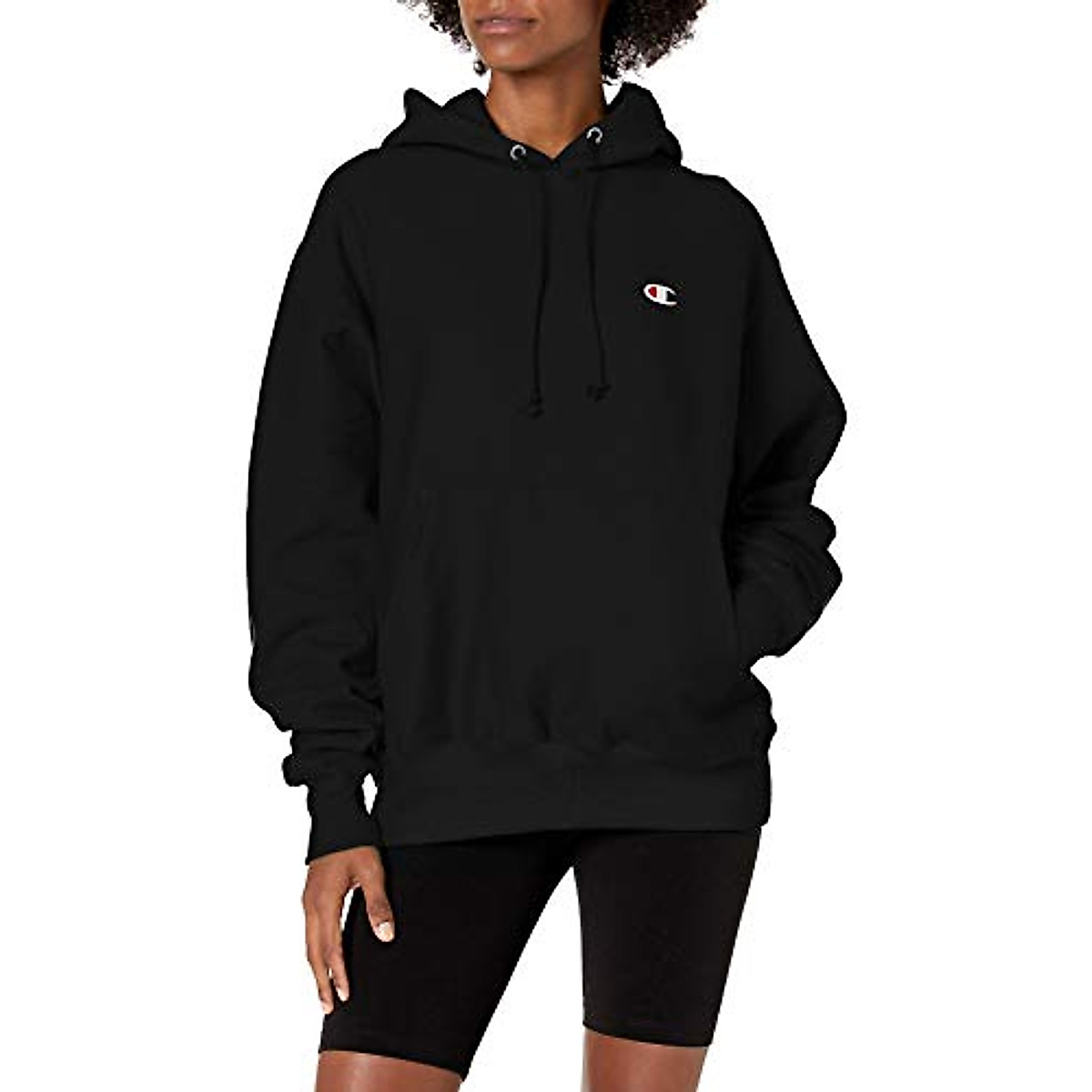 Champion, Reverse Weave Oversized Hoodie, Heavyweight Fleece Sweatshirt for Women, Black Left Chest C, Medium