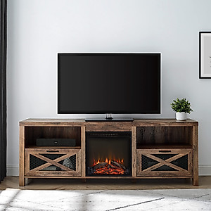 Walker Edison Calgary Industrial Farmhouse X-Drawer Metal Mesh and Wood Fireplace TV Stand for TVs up to 80 Inches, 70 Inch, Rustic Oak
