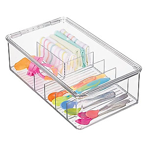 mDesign Stackable Plastic Storage Organizer Container Box for Kitchen Cabinets, Pantry, Countertops - Holds Kids, Child/Toddler Mealtime Sets, Small Accessories - 6 Sections - BPA Free - Clear