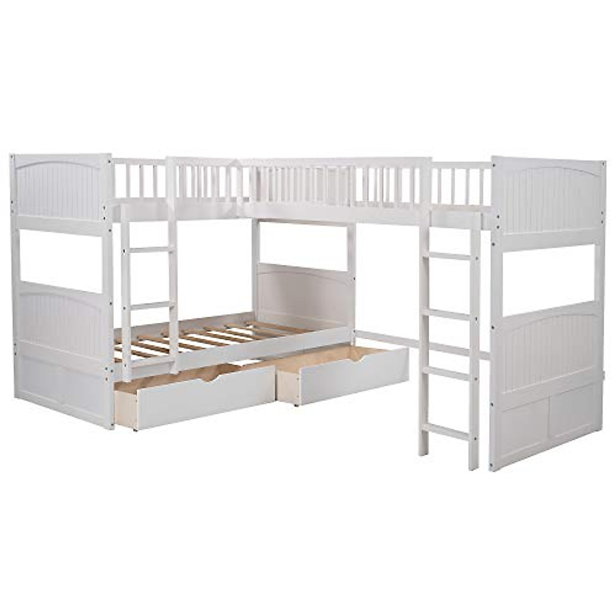 BOVZA Twin Over Twin L-Shaped Triple Bunk Beds with 2 Storage Drawers and 2 Ladders, Wood Bunk Beds with a Loft Attached for 3 Kids Teens, White
