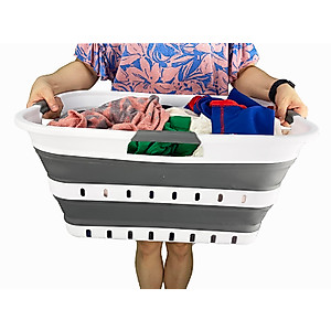 SAMMART Collapsible Plastic Rectangular Laundry Basket - Foldable Pop Up Storage Container/Organizer - Portable Laundry Hamper - Space Saving (White/Steel Grey, 42L)