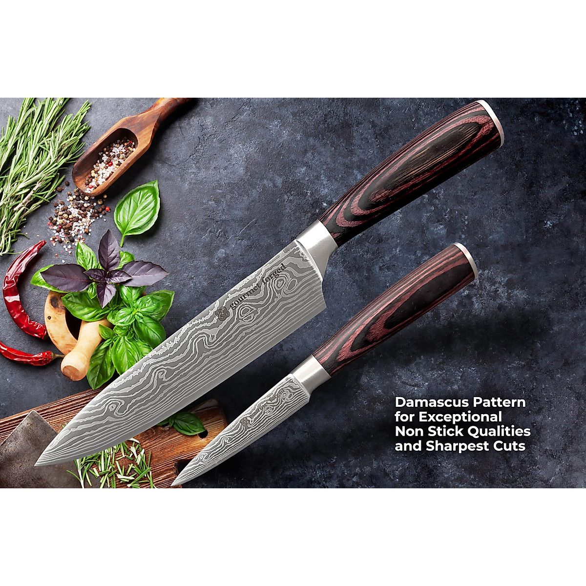 Gourmet Forged ChefDuo Professional 8 inch Chef Knife and 3.5 inch Paring Knife 2 Piece Set Ultra Sharp High Carbon German Steel with Damascus Pattern Ergonomic Pakkawood Handles Gift Box