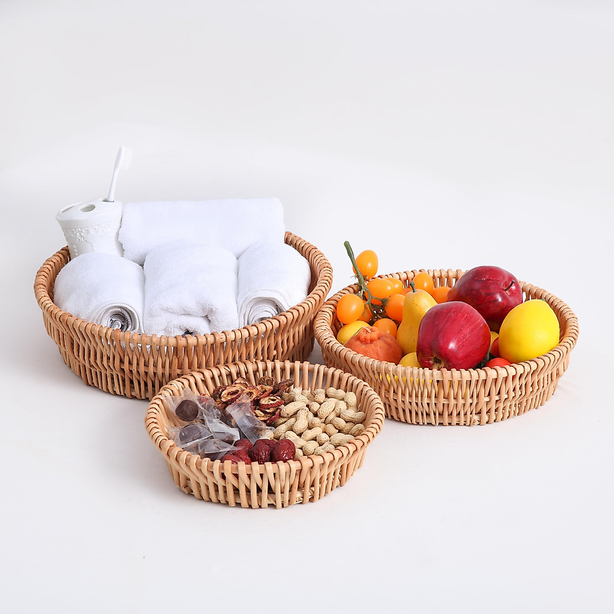 LONGERO Handcrafted Storage Basket, Wicker Round Bowl, Handwoven Shelf Basket, Natural Willow, 1 Pack, Large Size-Top Inner Ø ca 12.5''