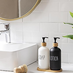 Vorey Bathroom Glass Soap Dispenser Set with Pump, Soap and Lotion Dispenser with Bamboo Tray for Farmhouse Decor (Black & White)