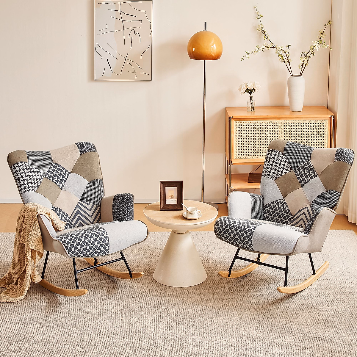 Fahomiss Nursery Rocking Chair - Accent Rocking Chair for Nursery, 330lbs Weight Capacity Glider Rocking Chair Upholstered with Patchwork Linen Fabric for Living Room Bedroom(x1, Elegant Grey)