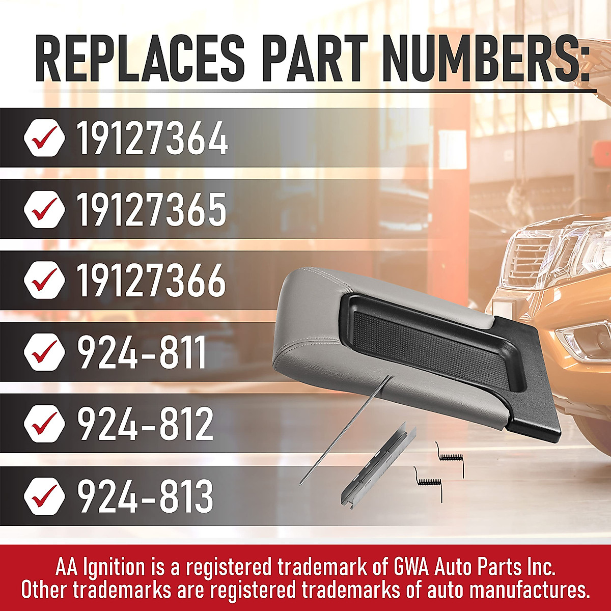 Center Console Lid Replacement Kit Gray - Replaces 924-811, 19127364, 19127365, 19127366 - Compatible with Chevy, GMC and Cadillac Vehicles - Silverado, Avalanche, Tahoe, Sierra - Armrest Hinge Latch