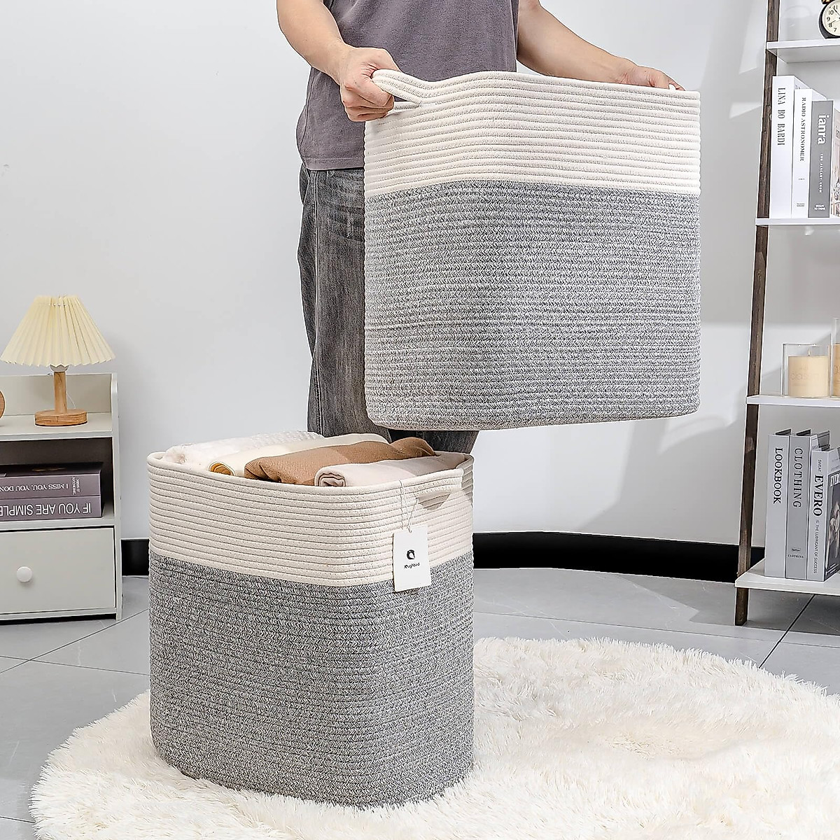 Laughbird Tall Storage Bins Rectangle Basket Cotton Extra Large Toy Storage Hamper Rectangular with Handles,Decorative Blanket Laundry Basket for Living room,Dog Baskets Large Basket for Toys 2 pack