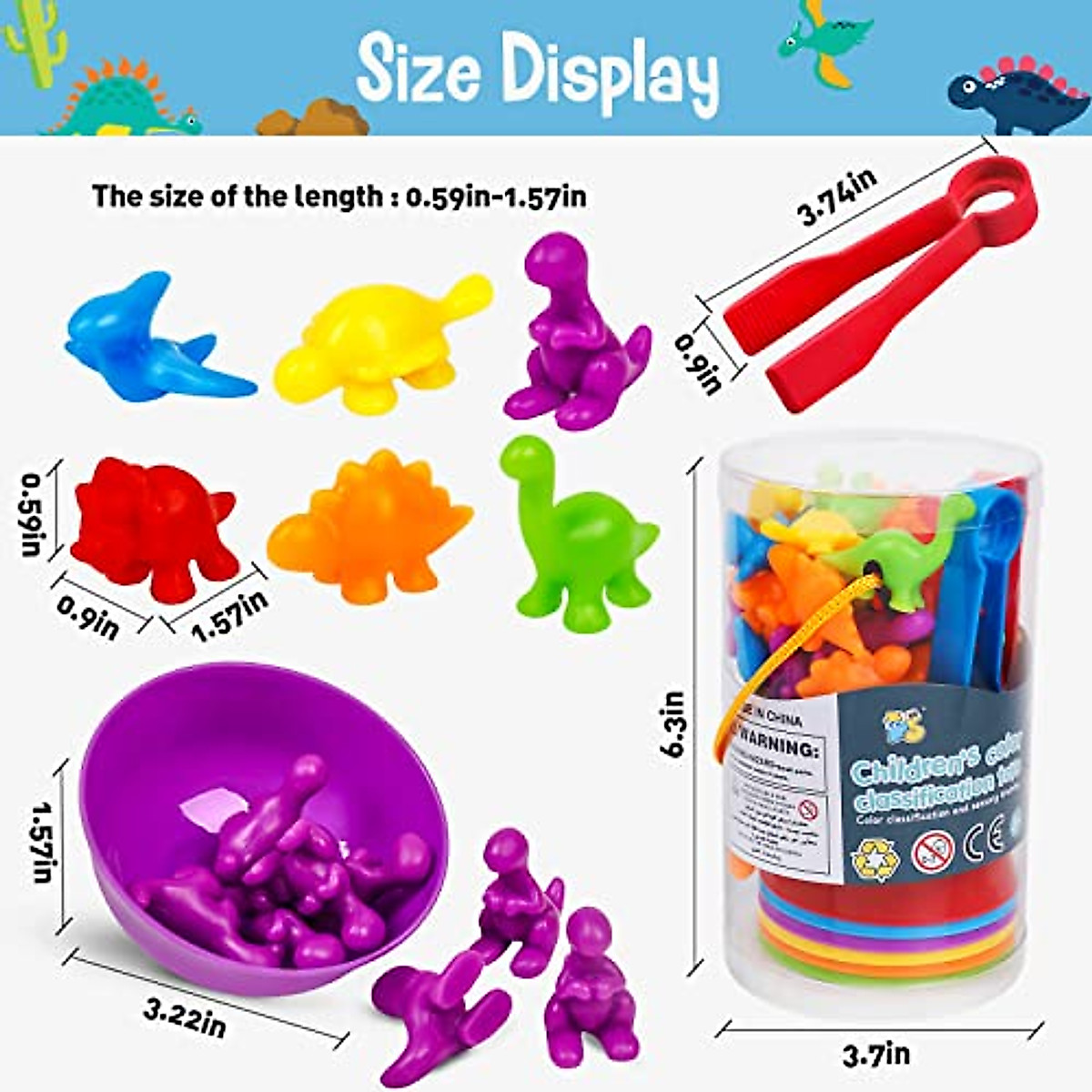 Counting Dinosaurs Color Sorting with Rainbow Bowls for Kids, Sensory Training & Counting Activity, Montessori Preschool Education Learning Math Sorting Toys Sets Gift for 3-5 Years Old Boys Girls