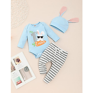 Gavol My First Easter Baby Boy Outfit Rabbit Romper+Stripe Pants +Rabbit Ear Hat 3pcs Clothing Set 0-12months