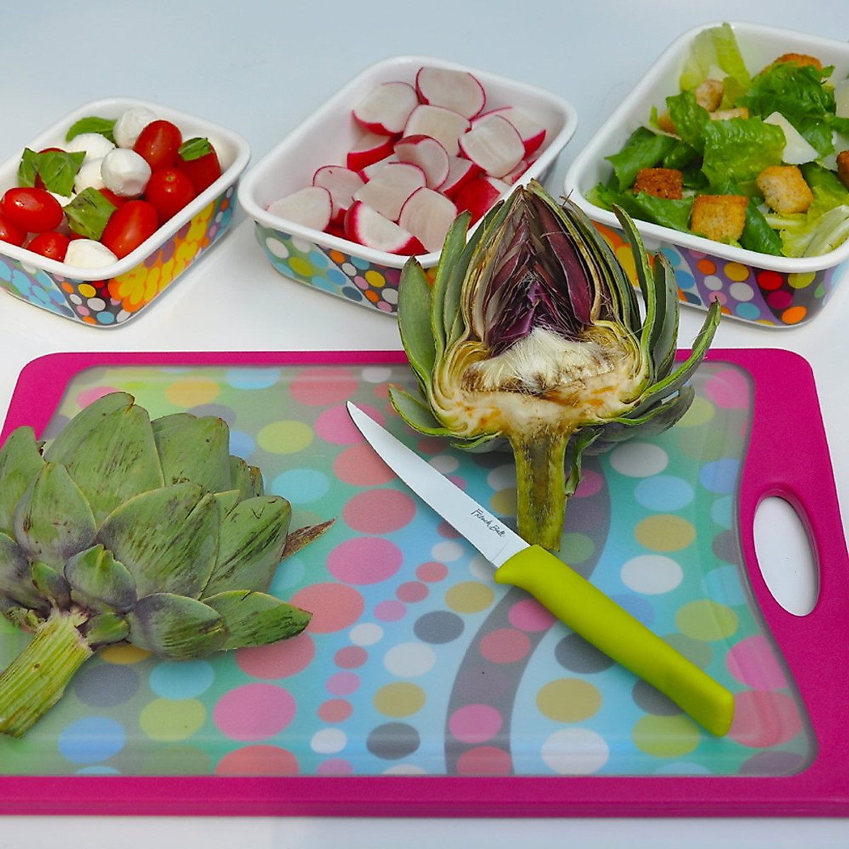 French Bull Easy Grip Multi-Size Microban Antimicrobial Cutting Board-Plastic, Non Slip, Non Porous, Knife Friendly, BPA-Free, Dishwasher Safe, 14.5", Bindi