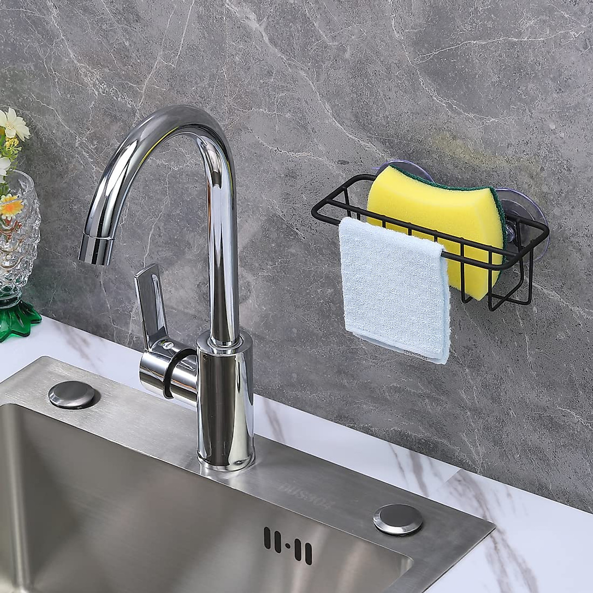 TESOT Sink Caddy Sponge Holder for Kitchen Sink Dish Cloth Hanger 2 Suspension Options(Suction Cups and Adhesive Hook), SUS304 Stainless Steel, Black