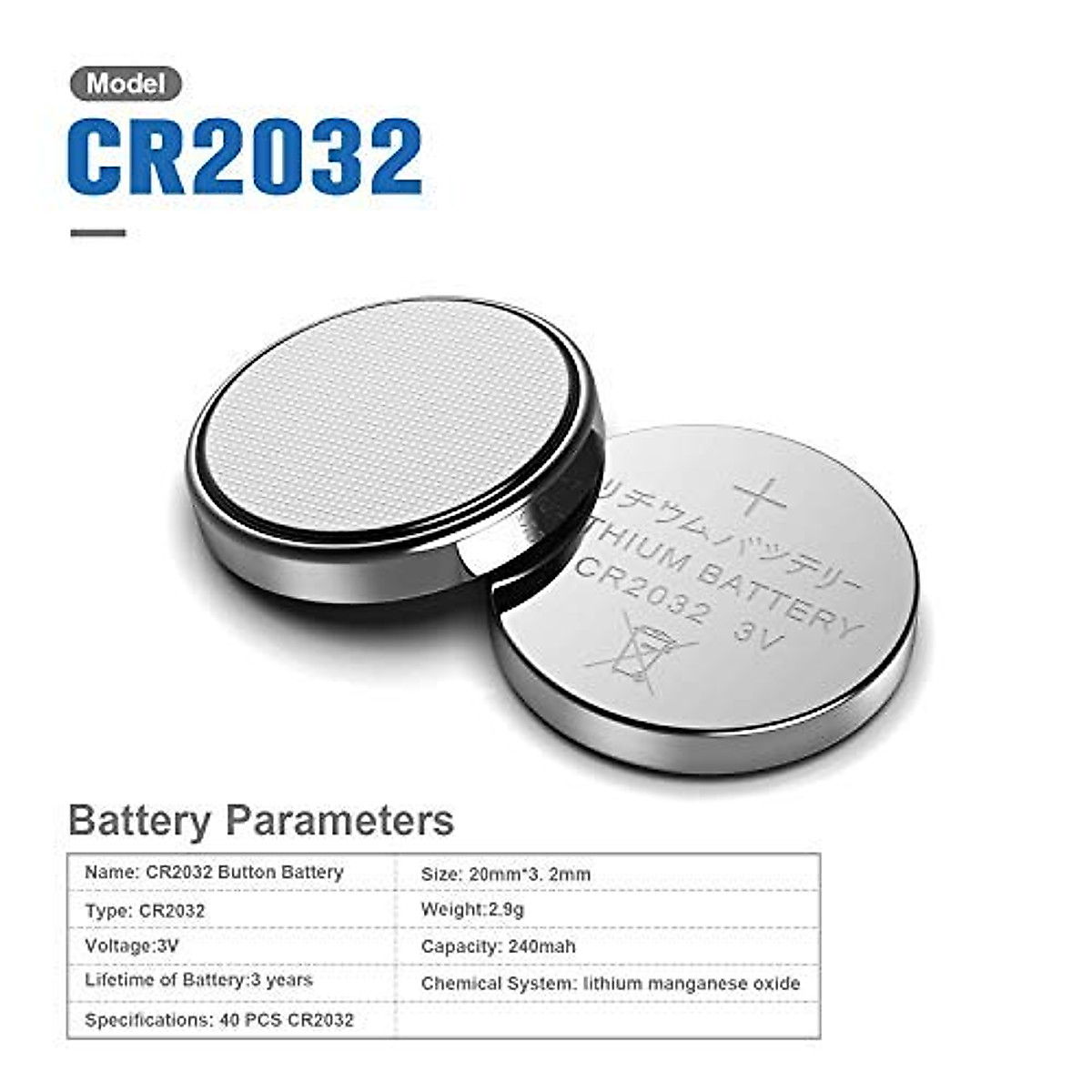 GutAlkaLi CR2032 Lithium 3V Battery, Electronic Coin Cell Button for Toys Calculators Watches (40 Pcs)