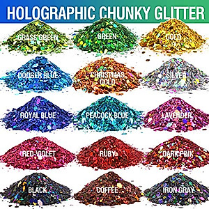 Holographic Chunky Glitter, 15 Colors Craft Glitter for Resin, LEOBRO Nail Glitter, Festival Cosmetic Eye Hair Face Body Glitter, Glitter Flakes Sequins for Epoxy Resin Tumbler DIY Arts Crafts