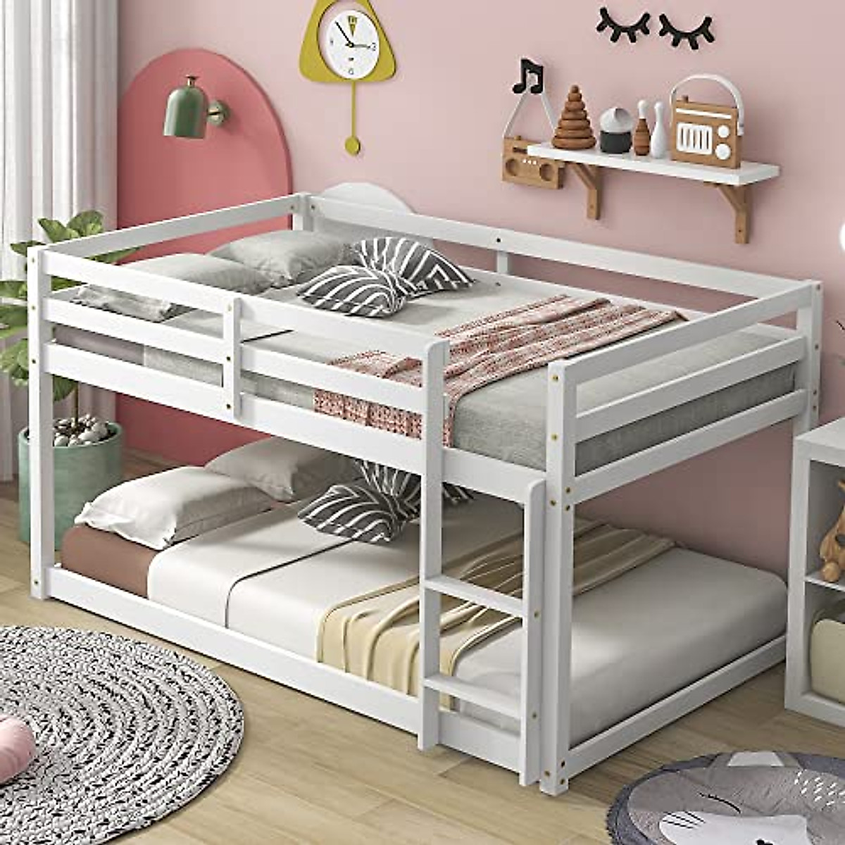 Senviy Twin Over Twin Floor Bunk Bed with and Guardrail,Wooden Bed Frame for Girls and Boys for Bedroom,No Spring Box Needed (White)