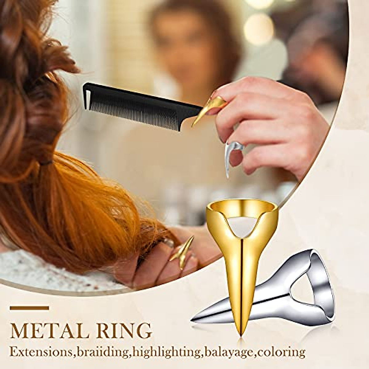 9 Pieces Metal Hair Parting Rings and pinky Selecting Tools Retro Nail Finger with Steel Comb Pointed Styling Combs for Hair stitch Braiding Curling Extension Halloween Cosplay(Gold, Silver)
