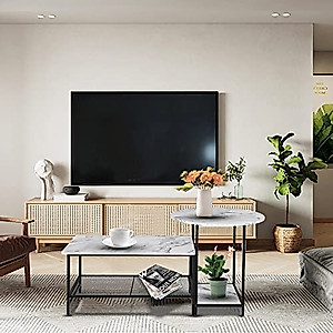 Wolawu Coffee Table White Marble Set of 2 Large Round and Long Rectangle 2 Tiers Wood Storage Shelf Detachable Modern Living Room White Marble