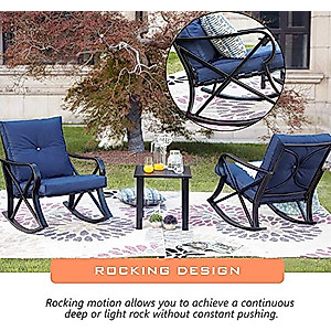 LOKATSE HOME 3-Piece Outdoor Patio Rocking Steel Furniture Bistro Set with 2 Rocker and 1 Metal Square Coffee Table(Blue Thickened Cushion)