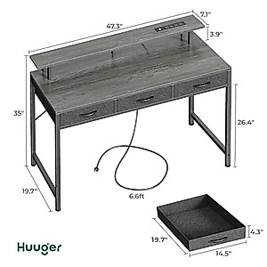 Huuger 47 inch Computer Desk with 3 Drawers, Office Desk Gaming Desk with LED Lights & Power Outlets, Home Office Desks with Storage Space for Bedroom, Work from Home, Gray