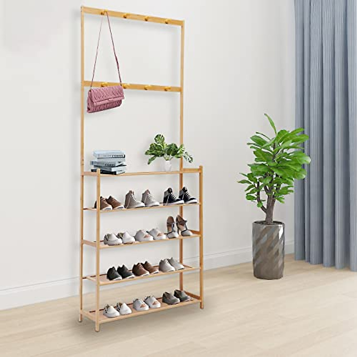 Gdrasuya10 Entryway Coat Rack Shoe Storage Shelf, 5-Tier Freestanding Hall Tree Shoe Rack with 10 Hooks for Entrance Foyer Mudroom Holds 15 Pairs of Shoes