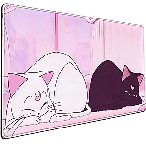 Desk Pad Pink Anime White Cat Black Cat Gaming Mouse Pad Large, Desk Office Decor Exclusive Beautiful Girls Mouse Pad for Women Desktop with Stitched Edges Non-Slip Rubber Computer Mat 31.5x15.7 in