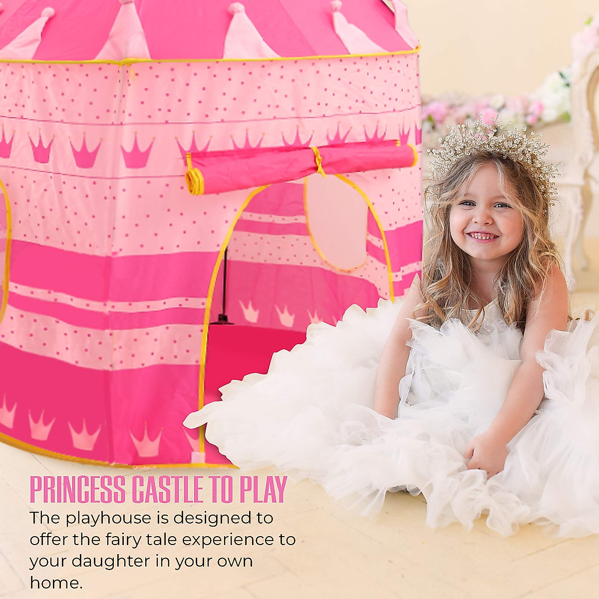 Princess Castle Play Tent for Kids, Princess Castle Dollhouse That conveniently Folds in to a Carrying Case, Perfect Foldable Pop Up Pink Childrens Play Tent/House Toy for Indoor & Outdoor Use