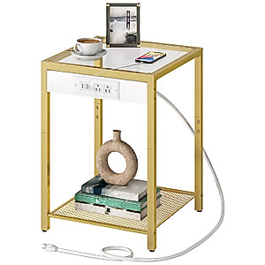 HOOBRO Side Table with Charging Station, Set of 2 End Tables with USB Ports, Nightstand for Tight Spaces, Tempered Glass, Modern Metal Frame, for Office, Bedroom, Living Room, Gold GD76UBZP201