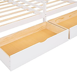 ODC Double Twin Size House Beds with 2 Drawers Solid Wood House Bed Frame for 2 Kids, Tent Bed for Boys Girls Teens Bedroom with Storage,Roof, Windows, Guardrail, 2 in 1 Bed No Box Spring Needed