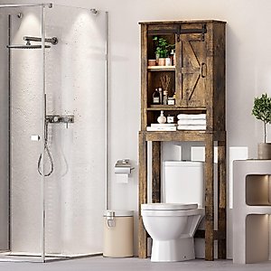 Redlife Over The Toilet Storage with Cabinet, Bathroom Storage Organizer Above Toilet with Adjustable Shelf & Sliding Barn Door, Freestanding Space-Saving Storage Rack for Bathroom (Rustic Brown)