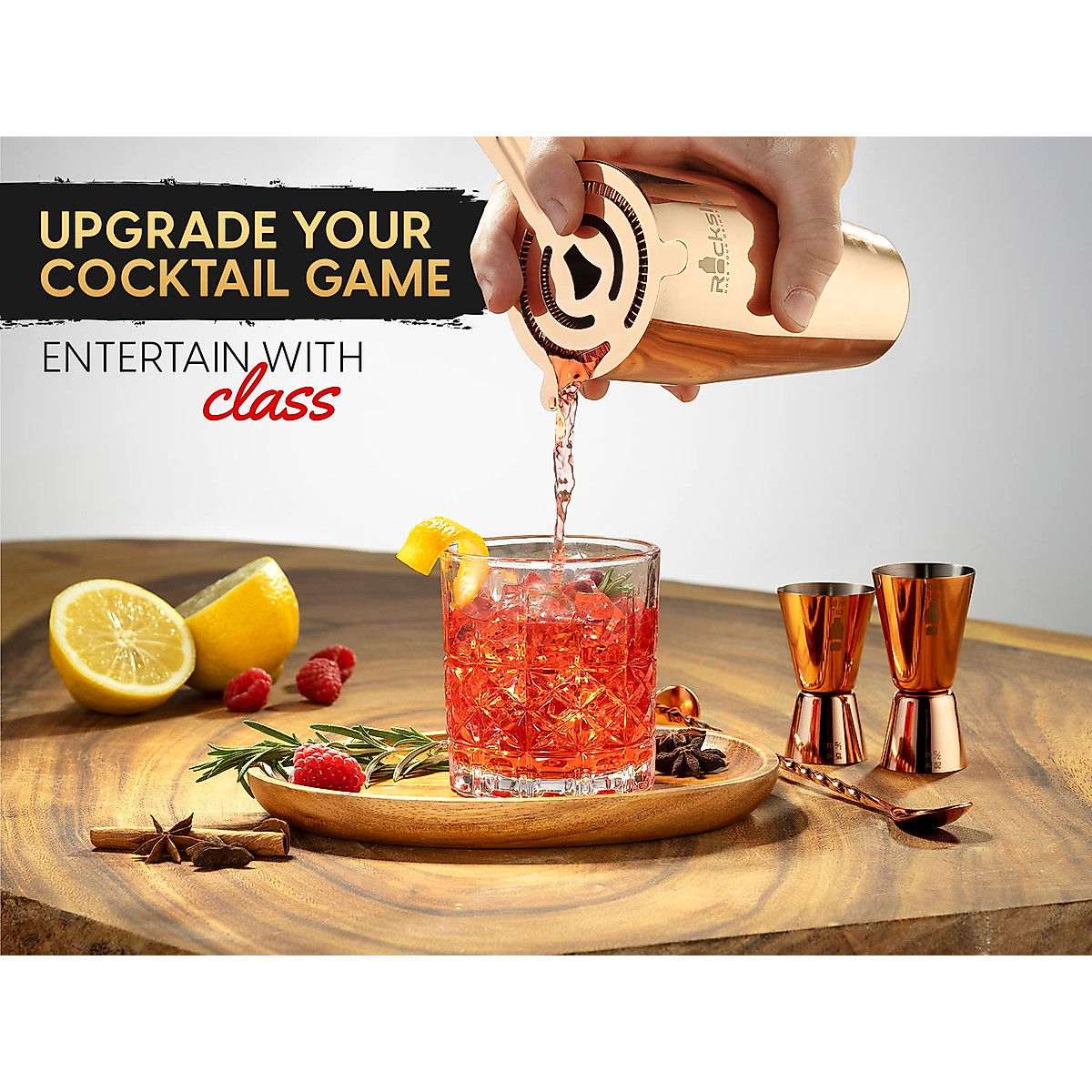 ROCKSLY MIXOLOGY BAR Set Premium Bartender Kit, Rectangular Tool Stand, Cocktail Shaker Strainer, Jiggers, Spoon, Tongs, Muddler, Pourers, Opener 10 Pc