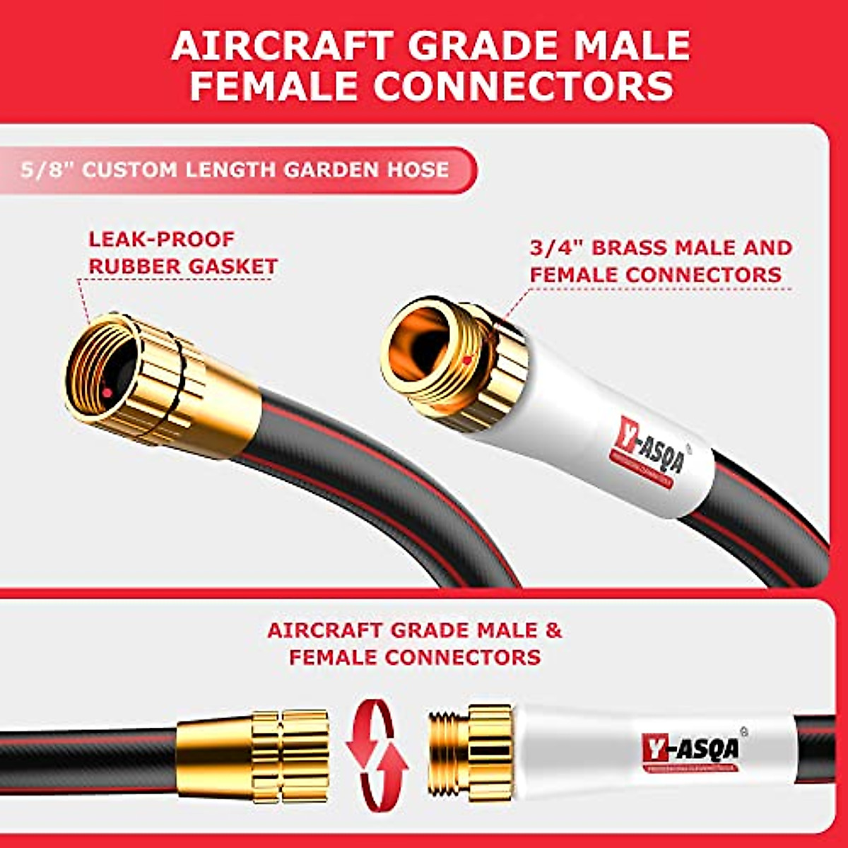 Y-ASQA Heavy Duty Garden Hose 5/8 Inch 100 ft, Premium Contractor Leakproof durable Kink Free Braid Vinyl Black Coiled rubber Garden water Hose