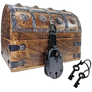 SciencePurchase Pirate's Treasure Chest Wooden Nautical Jewelry Box with Functional Lock and 2 Keys, Wood with Iron Accents, Hinged Lid, 8 Inches Long