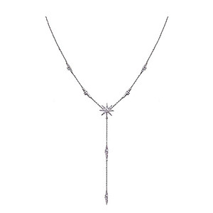 Crystal Star Drop Y Necklace for Women 925 Sterling Silver 14K White Gold Plated Charms CZ Diamond Snowflake Starlet Bar Pendant Lariat Chain Delicate Huggie Adjustable Shiny Jewelry Gift Box