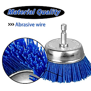 SALI 6Pack 3 Inch Cup Brush Nylon Filament Abrasive Wire Brush Wheel with 1/4 Inch Hex Shank, Three Grits Nylon Drill Brush Set for Removal of Rust Corrosion Paint