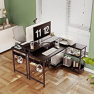 ODK Small L Shaped Desk, 48 inch Corner Desk with Reversible Storage Shelves, Computer Desk with Monitor Shelf and PC Stand for Home Office, Gaming Desk with Headphone Hooks, Black