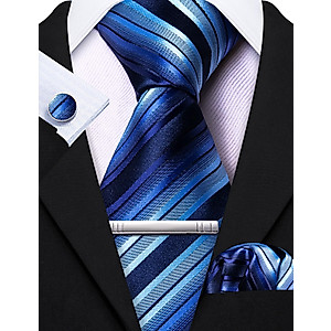 Barry.Wang Designer Blue Ties for Men Handkerchief Cufflink and Tie Clip Necktie Set Fashion