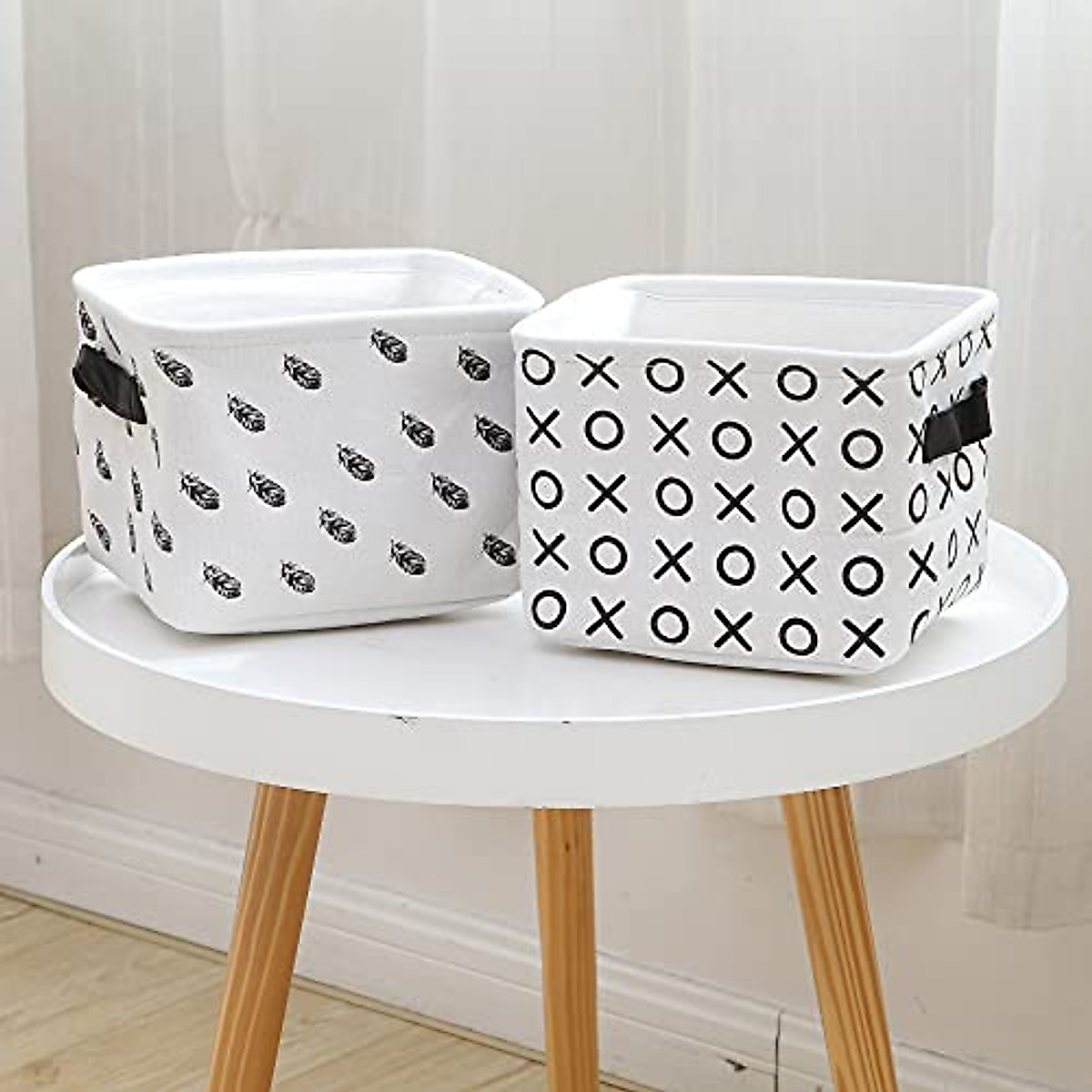 Sea Team Foldable Mini Square New Black and White Theme Natural Linen & Cotton Fabric Storage Bins Simple Desk Shelf Baskets Organizers - Set of 4