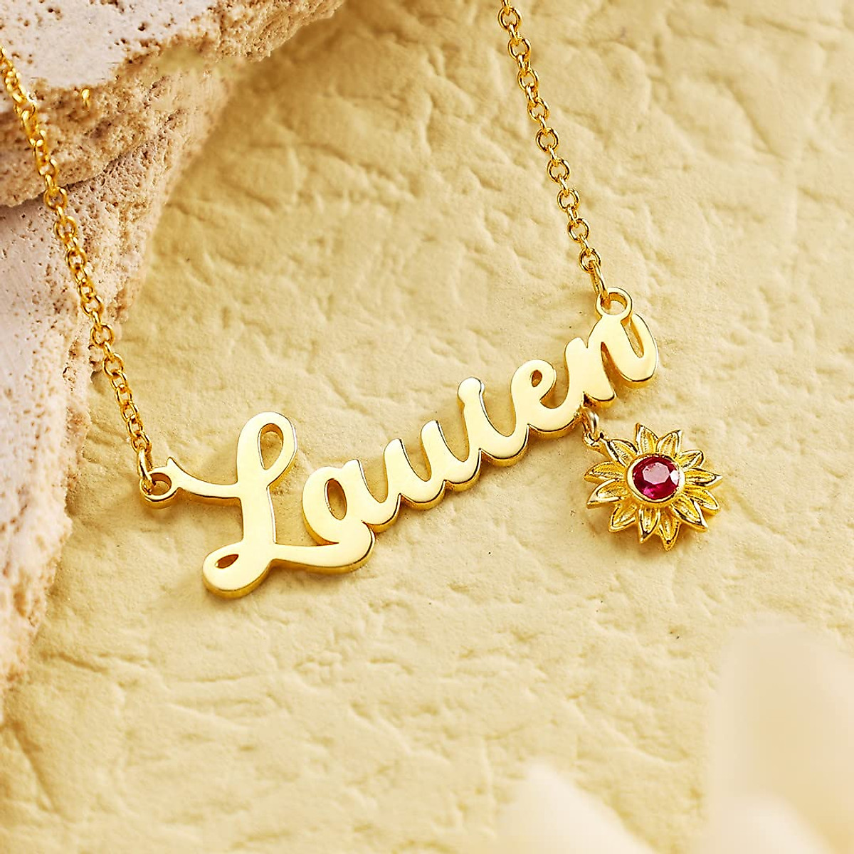 Personalized Name Sunflower Necklace with Simulated Birthstones Gold Name Custom Necklace for Women Sunflower Jewelry Sunflower Birthday Gift for Girlfriend Mother (Gold-2)