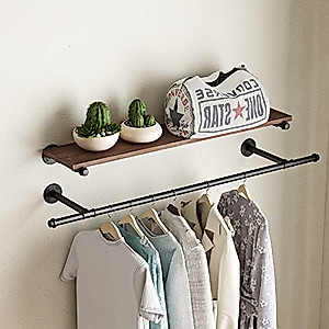 HOMEKAYT Industrial Pipe Clothing Rack Wall Mounted Garment Rack with Wooden Shelves Set of 3 Office Bedroom Living Room-SOLID WOOD