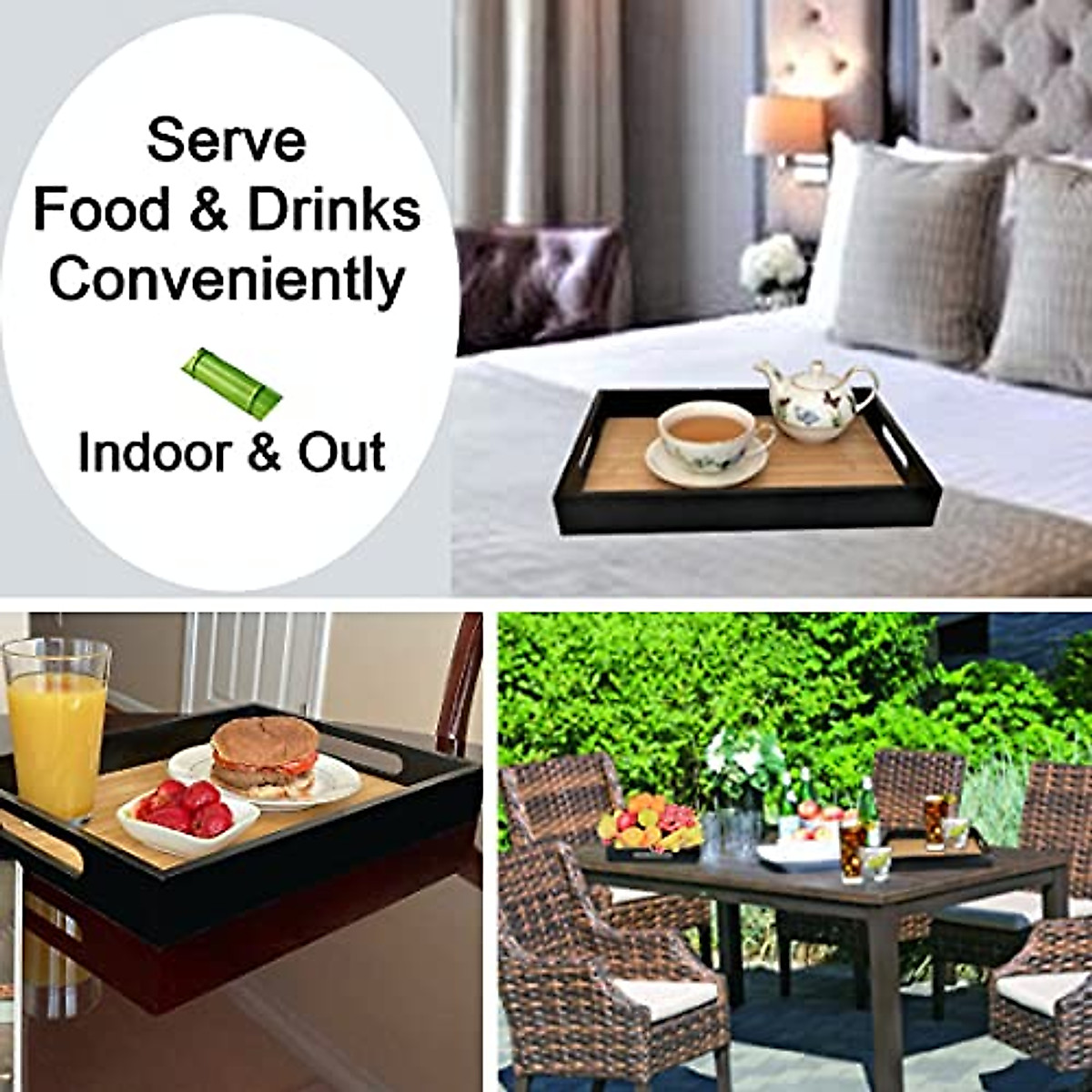 Bamboo Serving Tray with Handles (16" x 11" x 2") – Wood Serving Tray - Coffee Table Tray - Ottoman Tray - Decorative Display Tray In Black & Natural