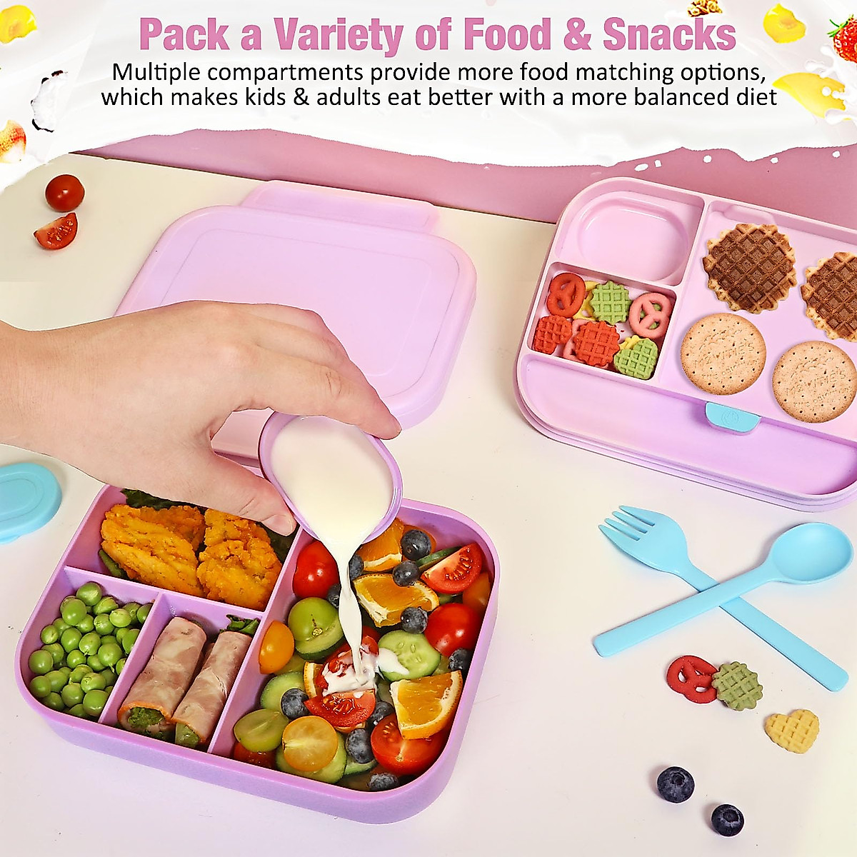 Caperci Bento Box for Kids - Stackable Leakproof Multiple Compartments Lunch Containers for Kids with Sauce Container, 5.8 Cups, Idea for School, On-the-go, Built-in Utensil Set, BPA Free (Purple)