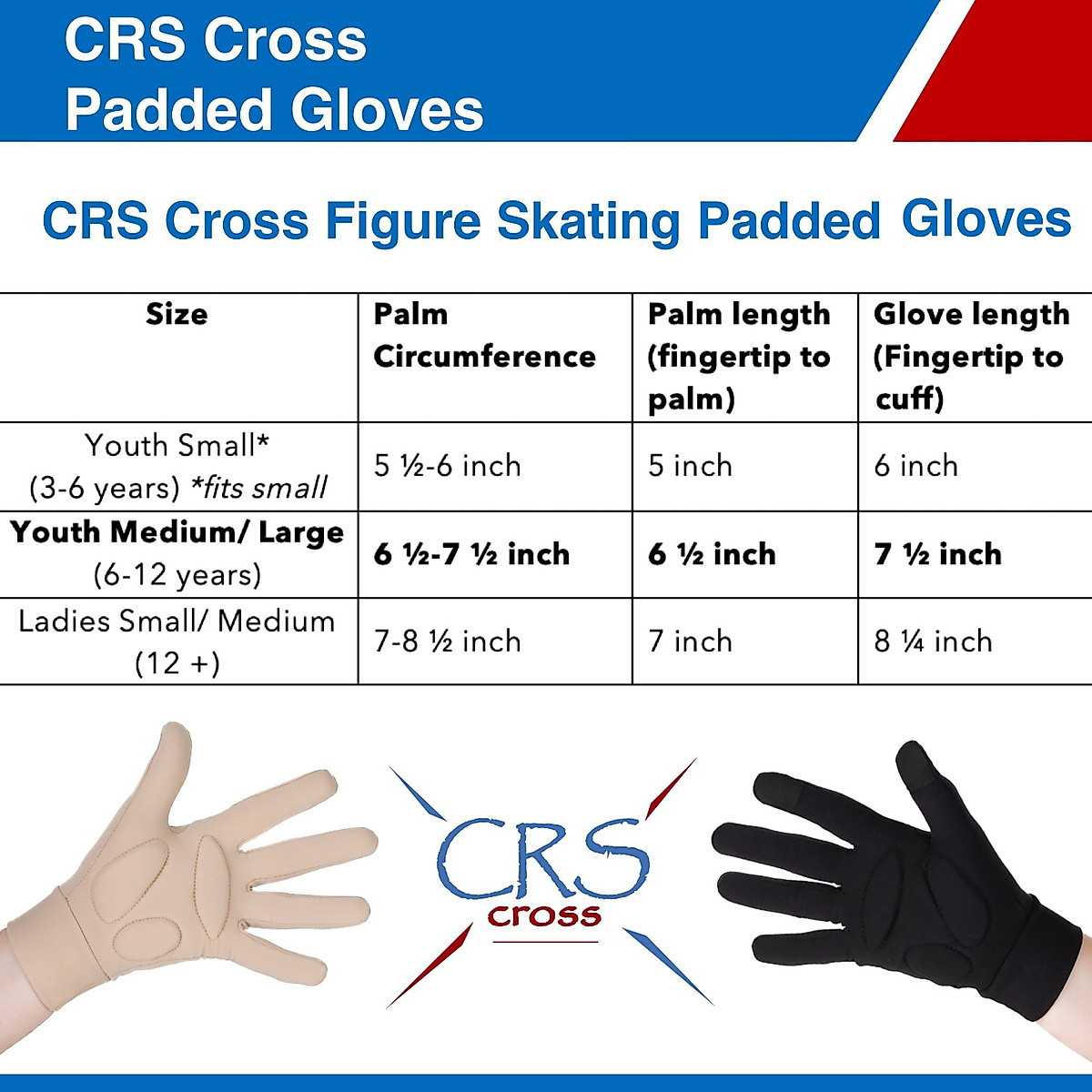 CRS Cross Padded Skating Gloves - Warm Padded Protection for Ice Skating Practice, Figure Skating Testing, Dance Competition, Roller Skating and Cheer. (Black, Youth Small- Toddler)