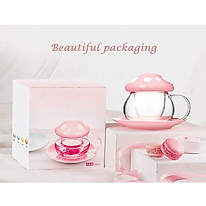 Rain House Cute Cups Mushroom Tea Cup with Tea Infuser and Spoon, Kawaii Mushroom Mugs, Glass Teacups with Ceramic Lid and Coaster, Mother's Day Gift Perfect for Girls Women for Home Office Use (Pink)